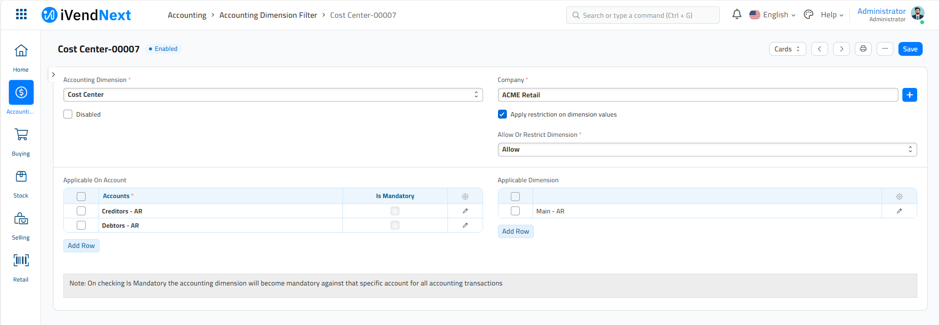 Accounting Dimensions Filters